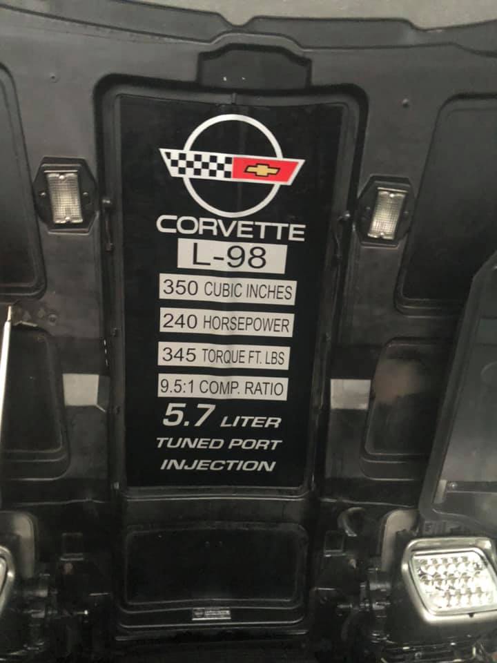 C4 Corvette 1984-1996 under hood Performance Specification DECAL ...