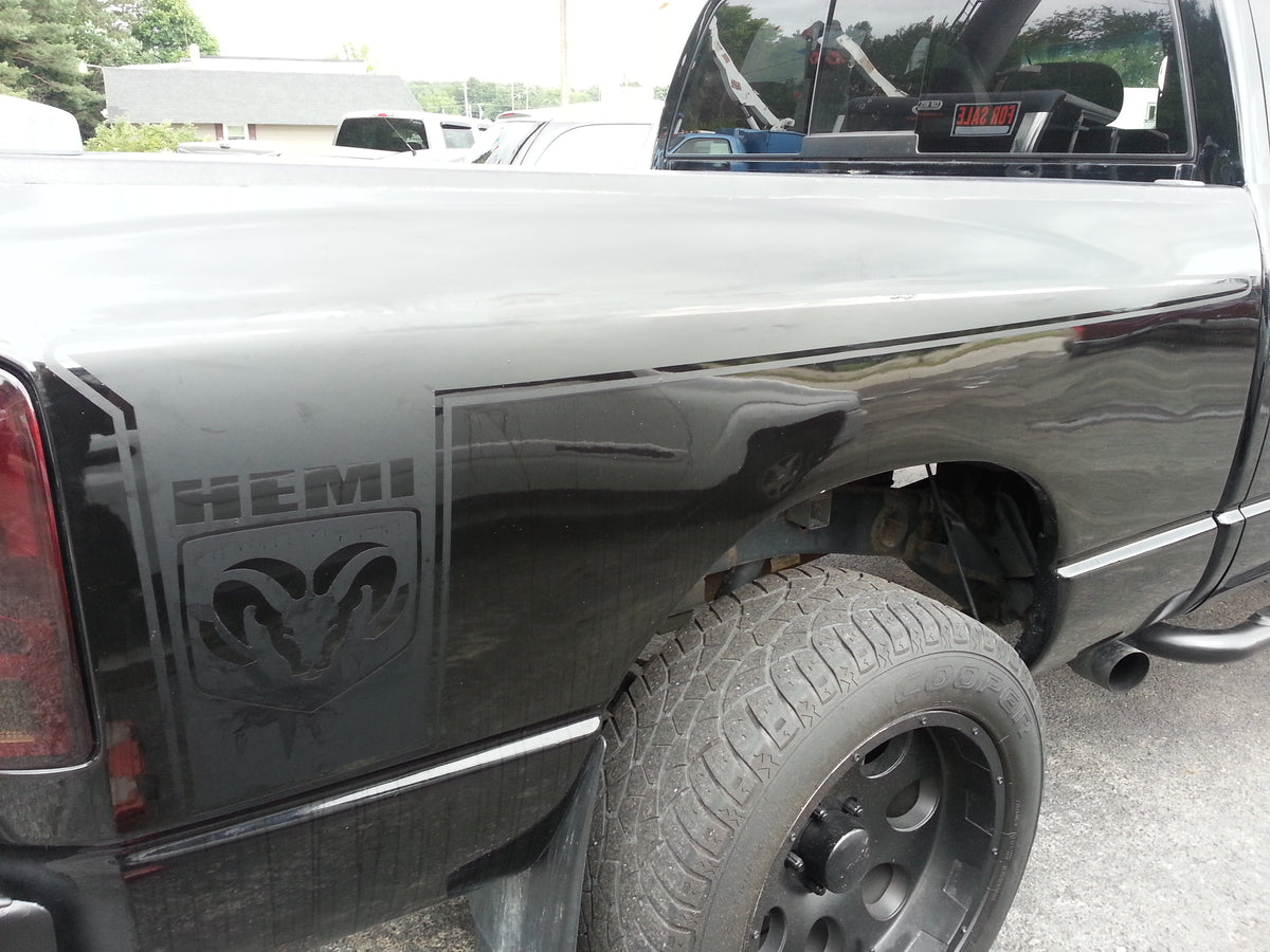 DODGE RAM BEDSIDE DECALS WITH RAM HEAD & HEMI FULL LENGTH OF BED ...