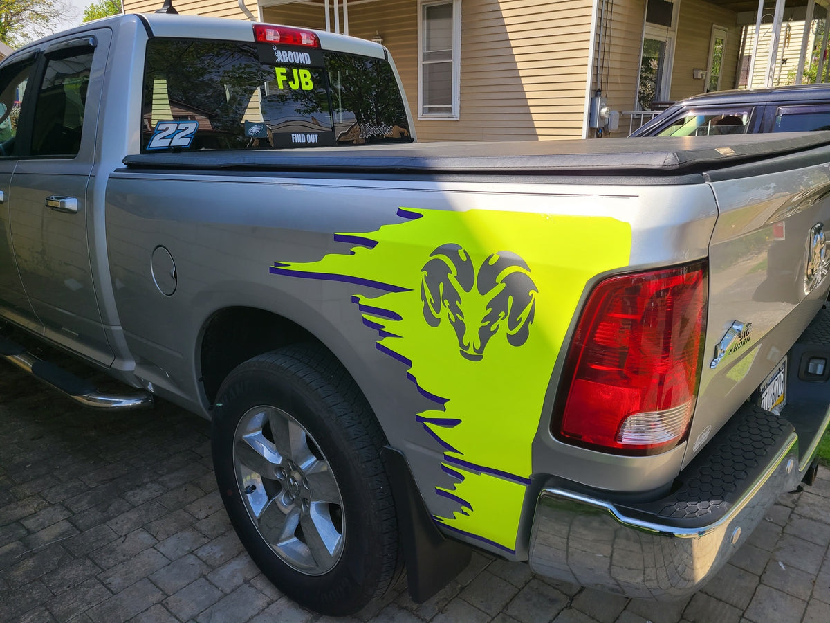 DODGE RAM SHREDDED LOOK BEDSIDE DECALS WITH RAM HEAD & OUTLINE ...