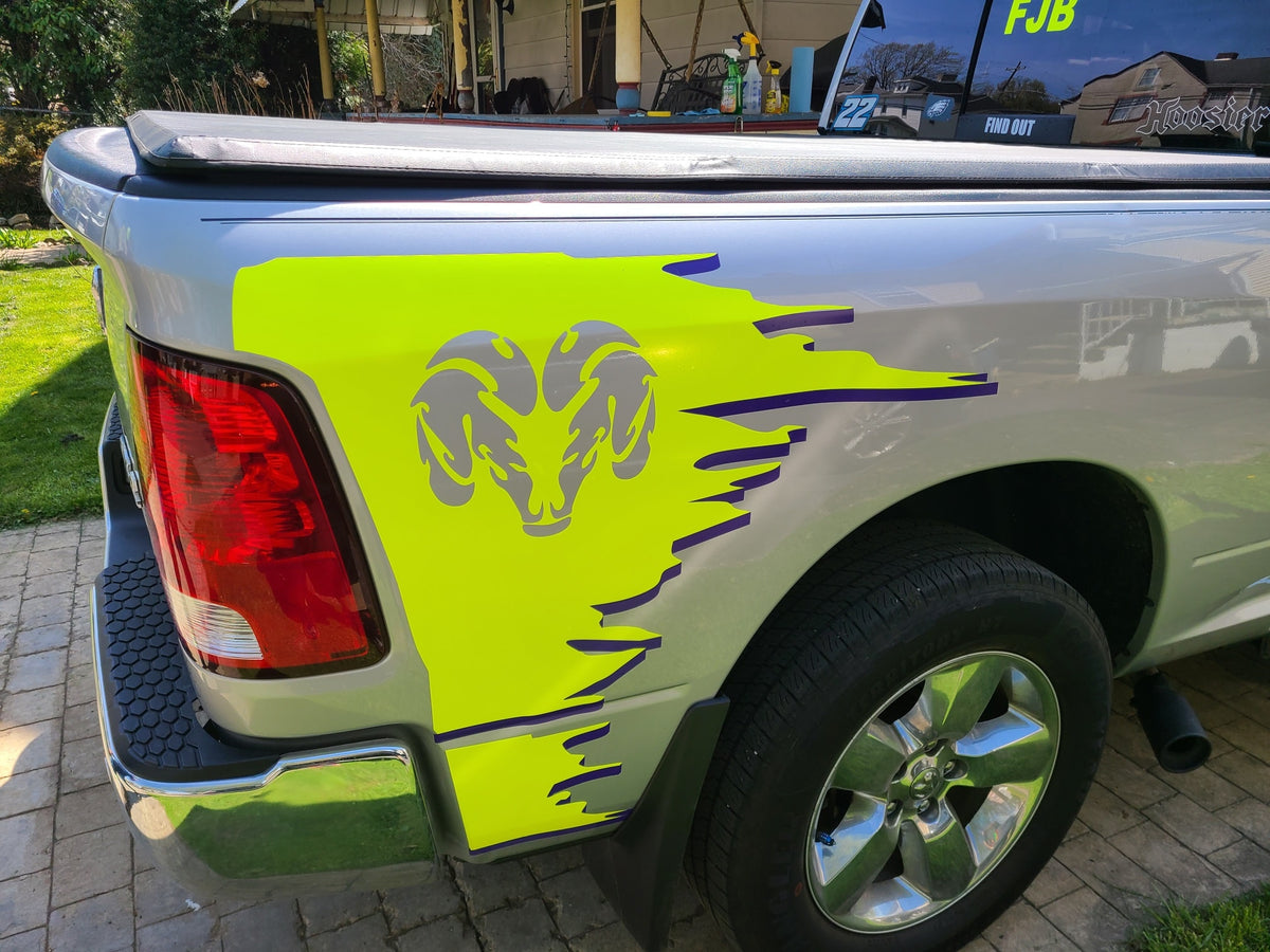 DODGE RAM SHREDDED LOOK BEDSIDE DECALS WITH RAM HEAD & OUTLINE ...
