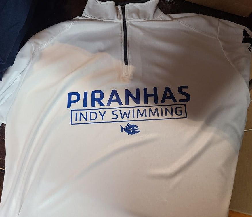 INDY SWIMMING SWIM TEAM DRI FIT 1/4 ZIP LONG SLEEVE SHIRT PIRANHAS LOG ...